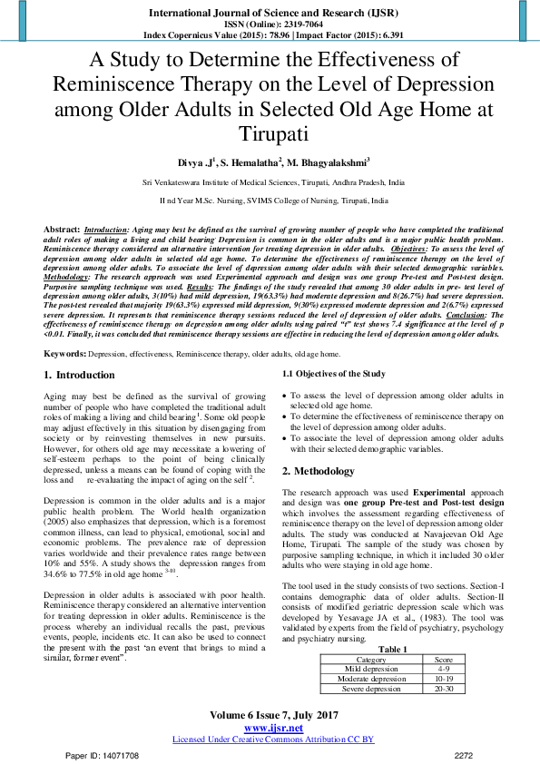 (PDF) A Study to Determine the Effectiveness of Reminiscence Therapy on the Level of Depression ...