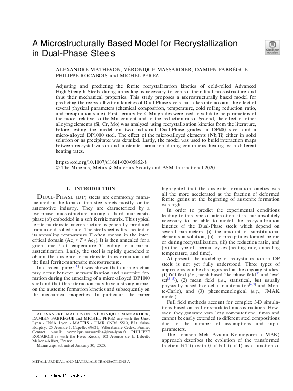 (PDF) A Microstructurally Based Model for Recrystallization in Dual-Phase Steels