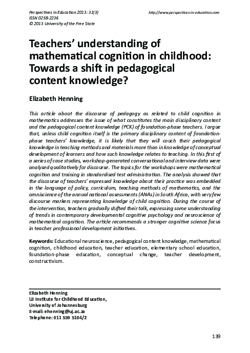 (PDF) Teachers' Understanding of Mathematical Cognition in Childhood ...