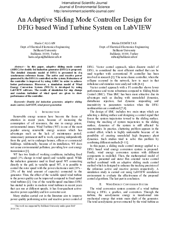 (PDF) An Adaptive Sliding Mode Controller Design for DFIG based Wind Turbine System on LabVIEW