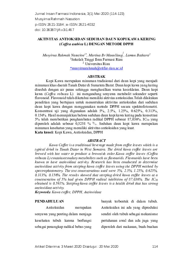(PDF) AKTIVITAS ANTIOKSIDAN SEDUHAN DAUN KOPI KAWA KERING (Coffea ...