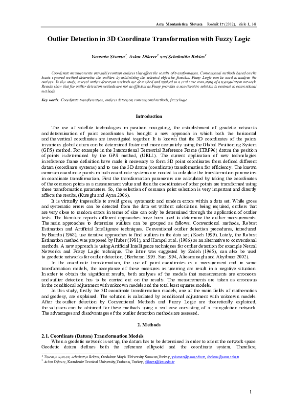 Pdf Outlier Detection In 3d Coordinate Transformation With Fuzzy