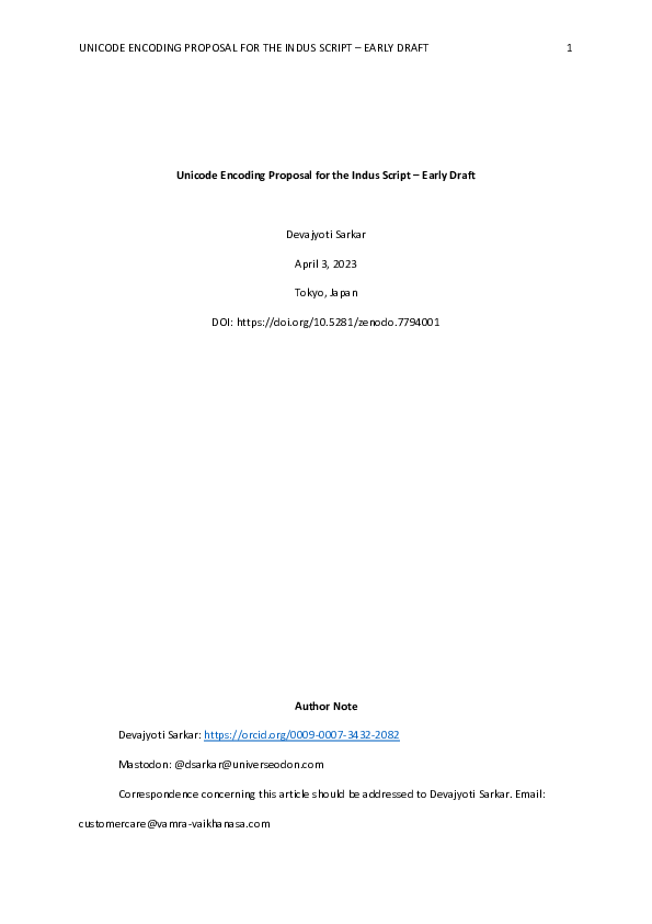 (PDF) UNICODE ENCODING PROPOSAL FOR THE INDUS SCRIPT -EARLY DRAFT