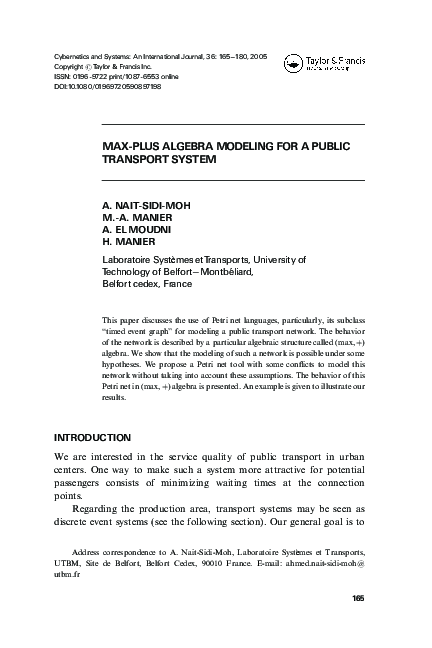 (PDF) Max-Plus Algebra Modeling for a Public Transport System