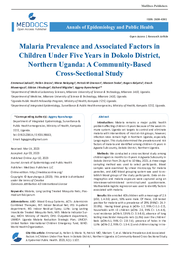 (PDF) Malaria Prevalence and Associated Factors in Children Under Five Years in Dokolo District ...