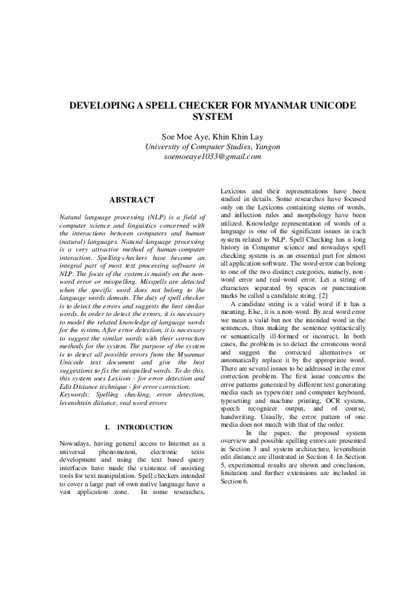 (PDF) Developing a Spell Checker for Myanmar Unicode System