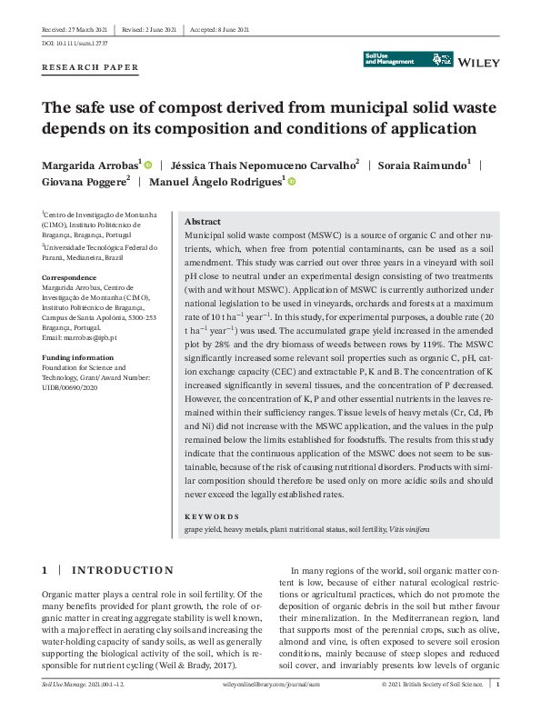 (PDF) The safe use of compost derived from municipal solid waste depends on its composition and ...