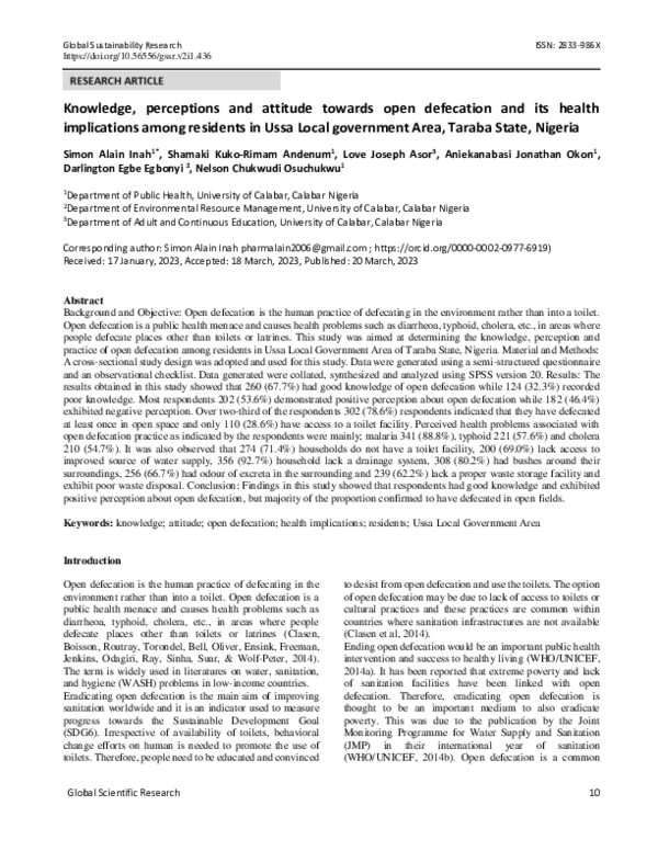 (PDF) Knowledge, perceptions and attitude towards open defecation and ...