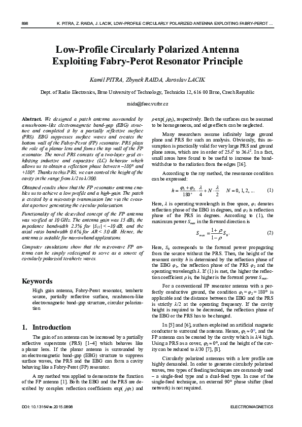 (PDF) Low-profile Circularly Polarized Antenna Exploiting Fabry-Perot Resonator Principle