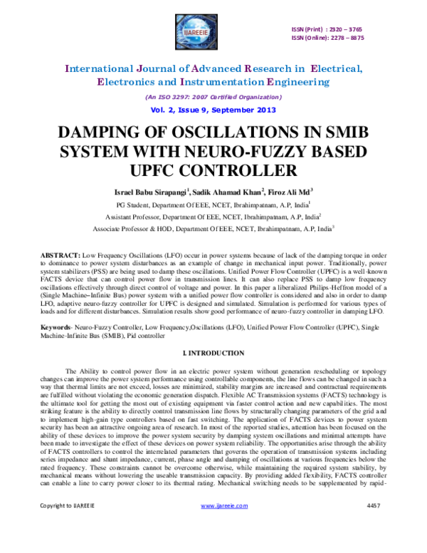 (PDF) Damping of Oscillations in Smib System with Neuro-Fuzzy Based Upfc Controller