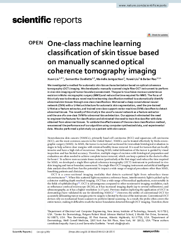 Pdf One Class Machine Learning Classification Of Skin Tissue Based On Manually Scanned Optical