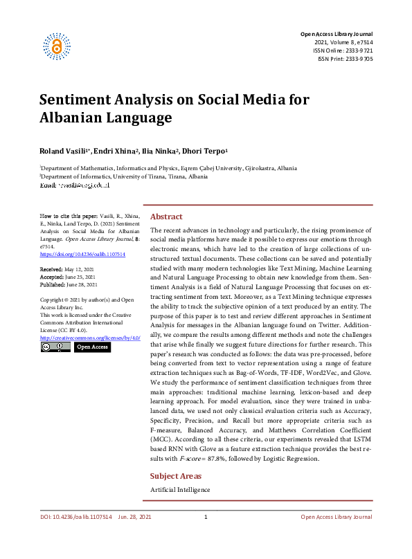(PDF) Sentiment Analysis on Social Media for Albanian Language