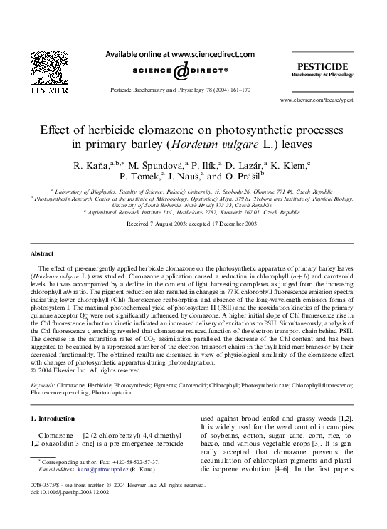 (PDF) Effect of herbicide clomazone on photosynthetic processes in primary barley (Hordeum ...