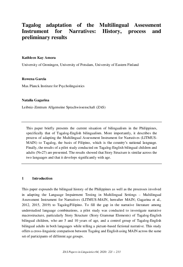(PDF) Tagalog adaptation of the Multilingual Assessment Instrument for ...
