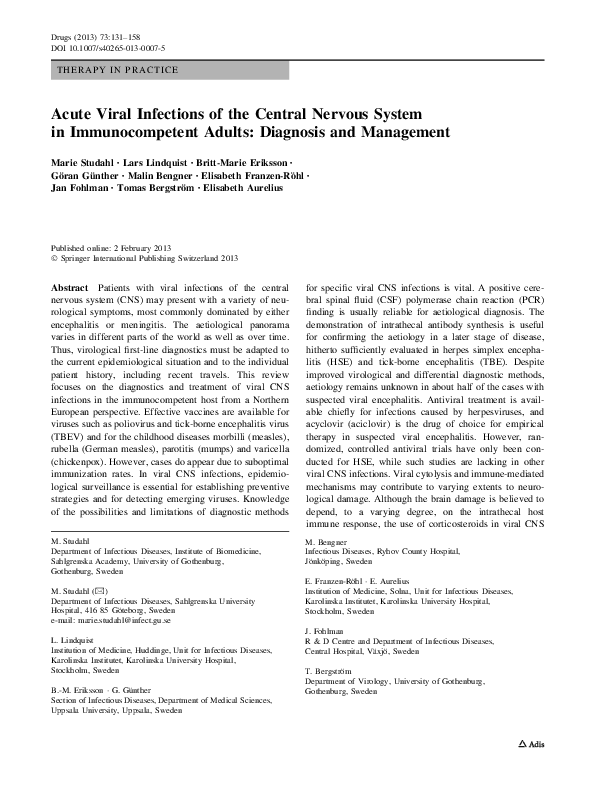 (PDF) Acute Viral Infections of the Central Nervous System in Immunocompetent Adults: Diagnosis ...