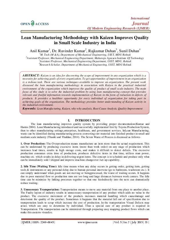 (PDF) Lean Manufacturing Methodology with Kaizen Improves Quality in ...