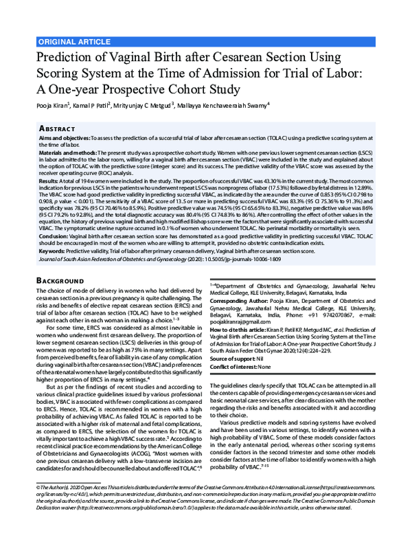 Pdf Prediction Of Vaginal Birth After Cesarean Section Using Scoring
