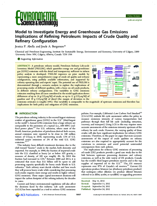 (PDF) Model to Investigate Energy and Greenhouse Gas Emissions Implications of Refining ...