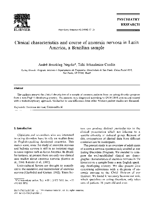 (PDF) Clinical characteristics and course of anorexia nervosa in Latin ...