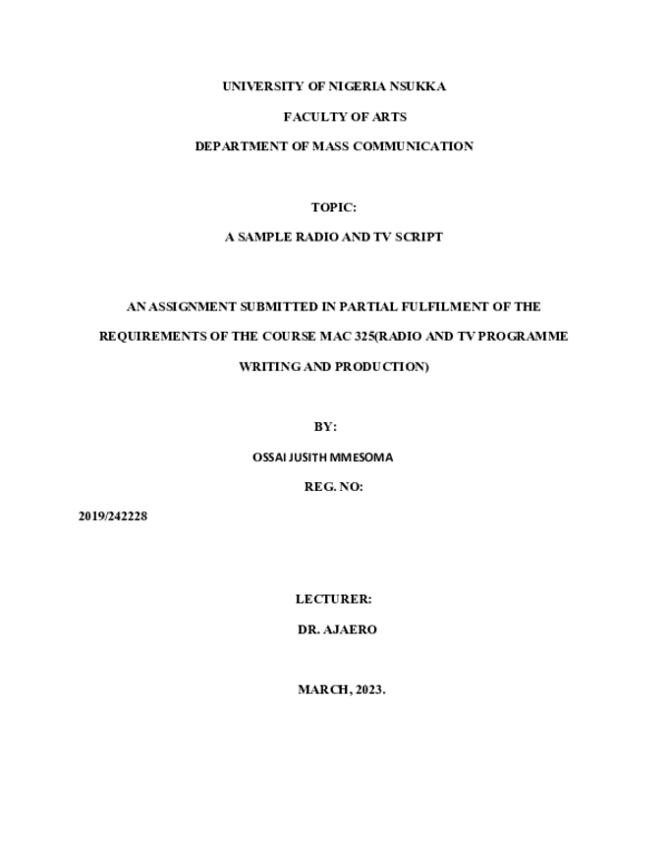 (DOC) UNIVERSITY OF NIGERIA NSUKKA FACULTY OF ARTS DEPARTMENT OF MASS ...