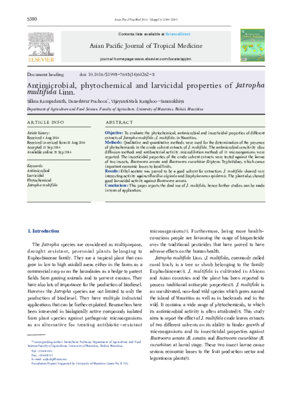 (PDF) Antimicrobial, phytochemical and larvicidal properties of Jatropha multifida Linn | Sillma ...
