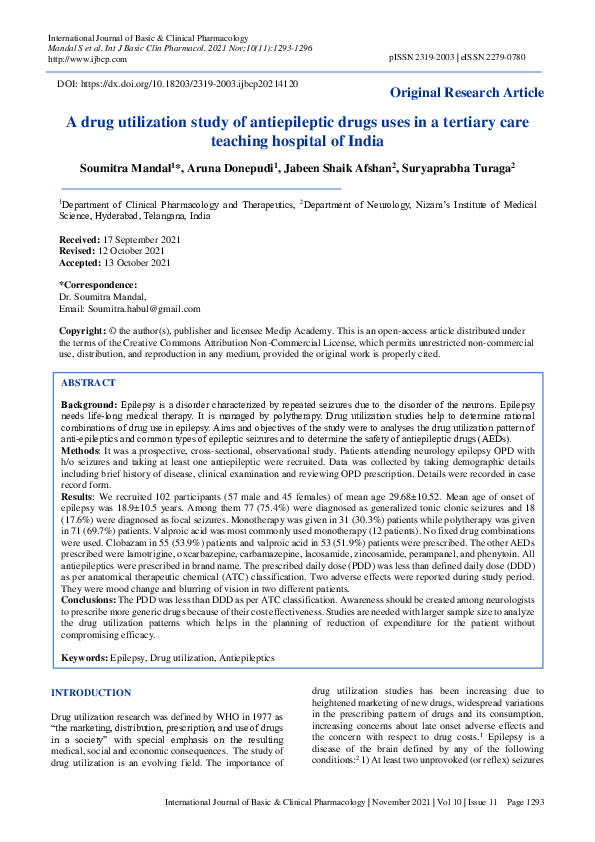 (PDF) A drug utilization study of antiepileptic drugs uses in a tertiary care teaching hospital ...