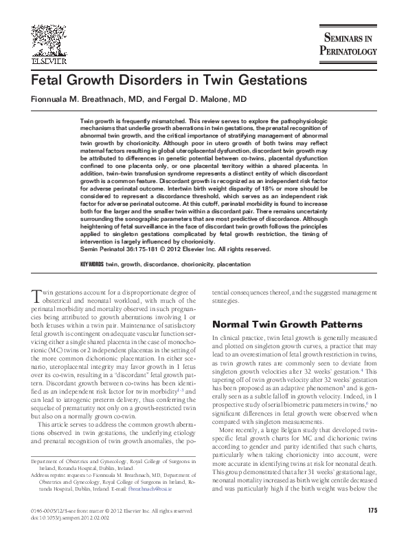(PDF) Fetal Growth Disorders in Twin Gestations