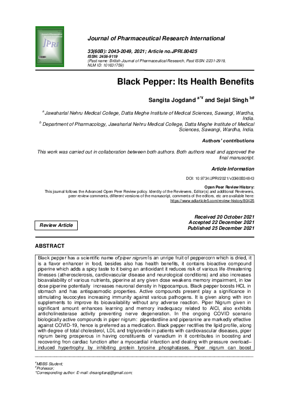 (PDF) Black Pepper: Its Health Benefits