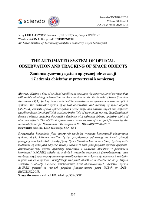(PDF) The Automated System of Optical Observation and Tracking of Space Objects