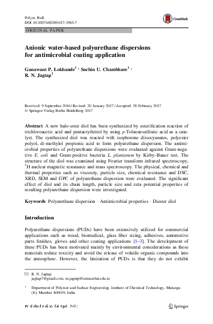 (PDF) Anionic water-based polyurethane dispersions for antimicrobial ...