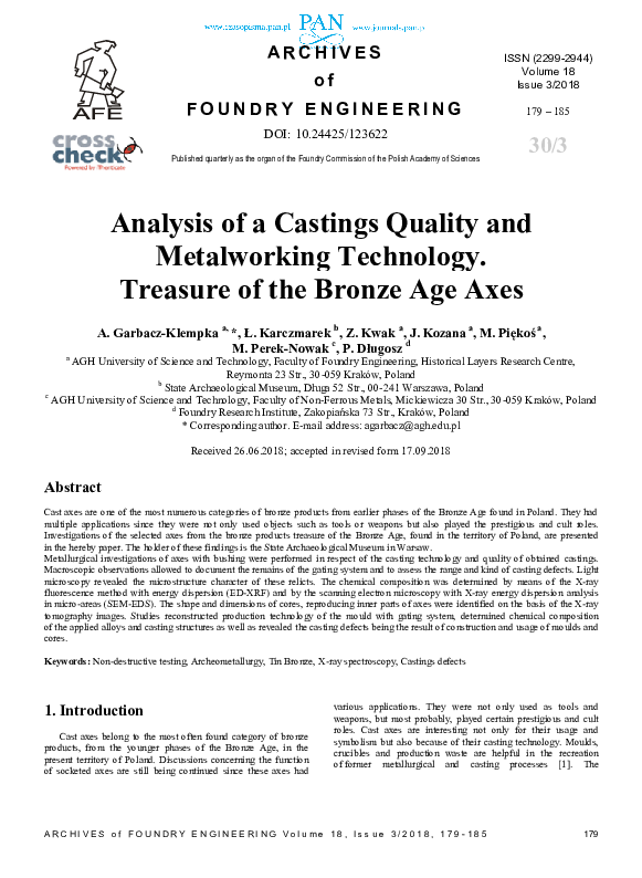 (PDF) Analysis of a Castings Quality and Metalworking Technology. Treasure of the Bronze Age Axes