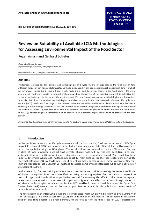 (PDF) Review on Suitability of Available LCIA Methodologies for Assessing Environmental Impact ...