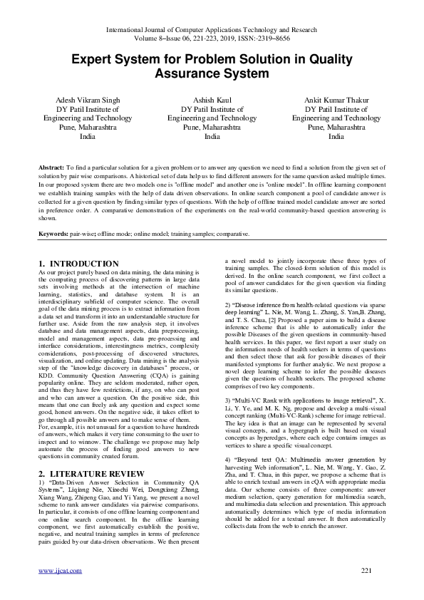 (PDF) Expert System for Problem Solution in Quality Assurance System