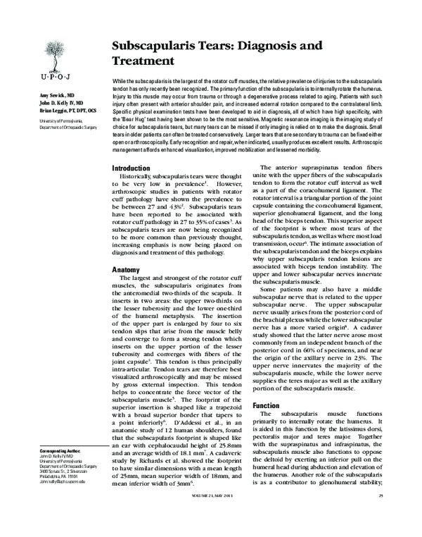 (PDF) Subscapularis Tears: Diagnosis and Treatment