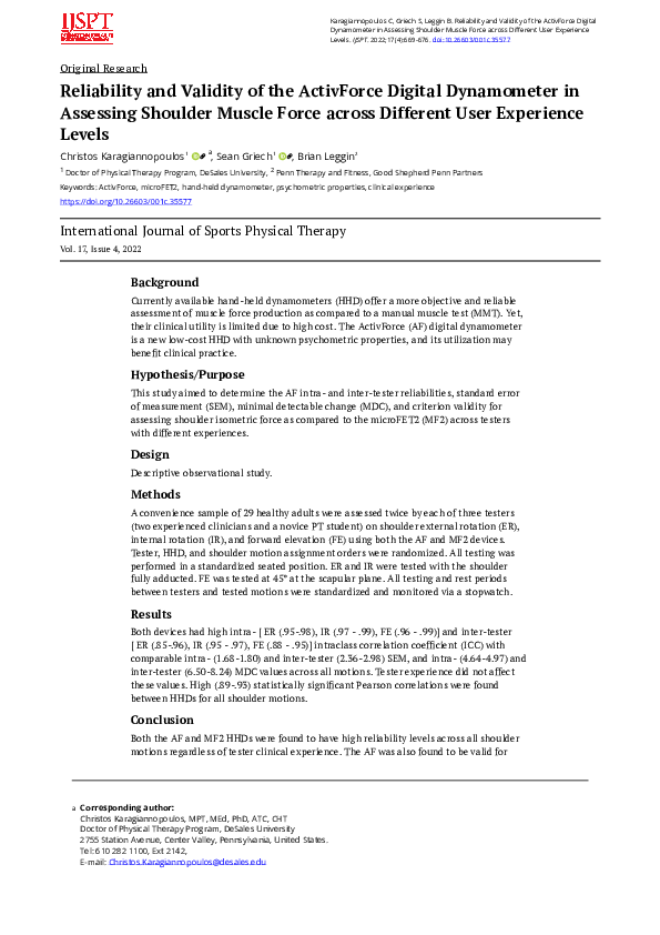 (PDF) Reliability and Validity of the ActivForce Digital Dynamometer in Assessing Shoulder ...