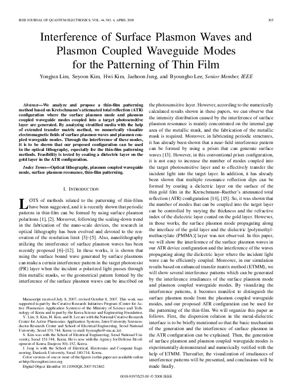 (PDF) Interference of Surface Plasmon Waves and Plasmon Coupled Waveguide Modes for the ...