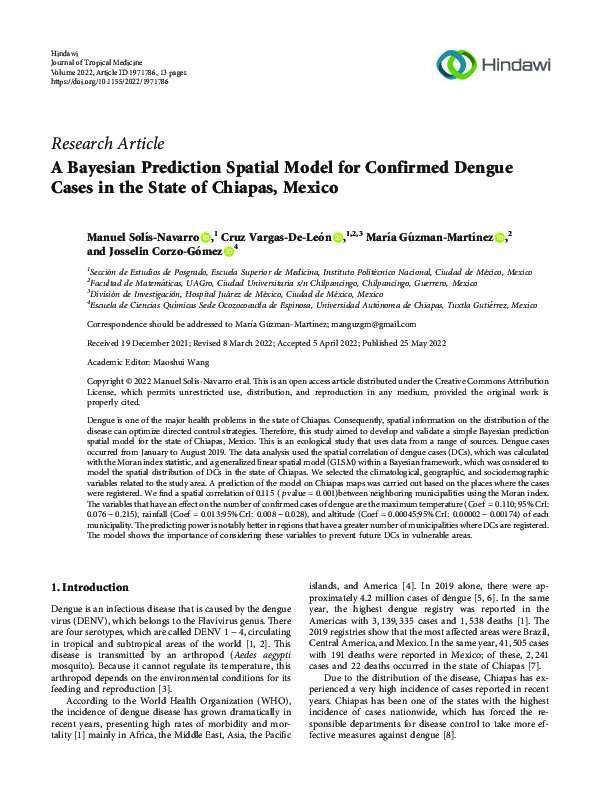 Pdf A Bayesian Prediction Spatial Model For Confirmed Dengue Cases In The State Of Chiapas Mexico