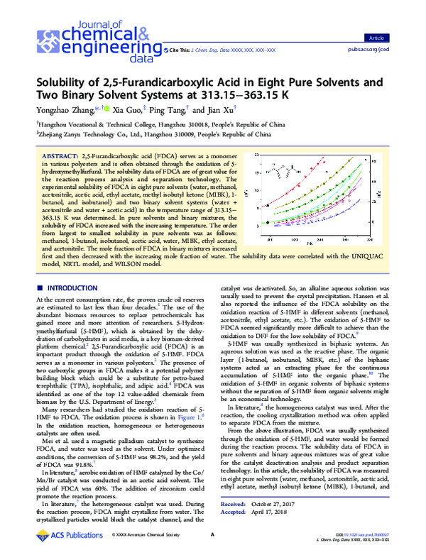 (PDF) Solubility of 2,5-Furandicarboxylic Acid in Eight Pure Solvents and Two Binary Solvent ...
