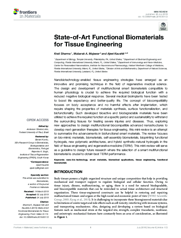 (PDF) State-of-Art Functional Biomaterials for Tissue Engineering