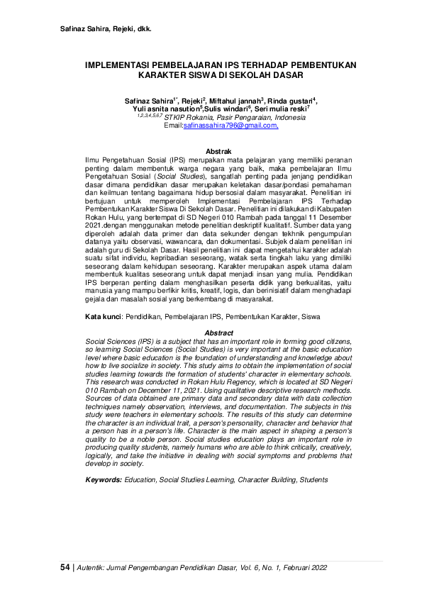 (PDF) Implementasi Pembelajaran Ips Terhadap Pembentukan Karakter Siswa DI Sekolah Dasar