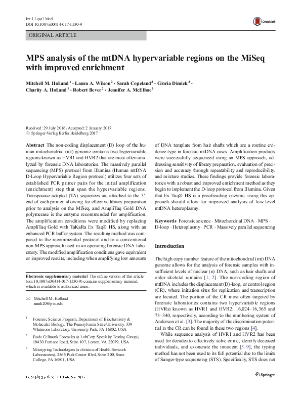 (PDF) MPS analysis of the mtDNA hypervariable regions on the MiSeq with ...