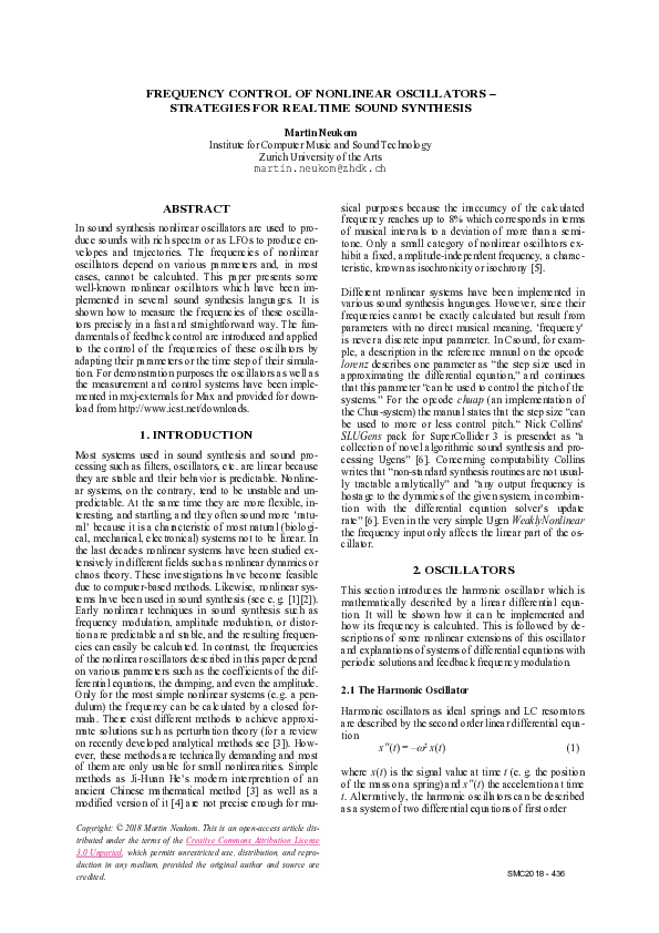 Pdf Frequency Control Of Nonlinear Oscillators Strategies For Realtime Sound Synthesis