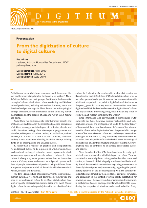 (PDF) From the digitization of culture to digital culture. Presentation