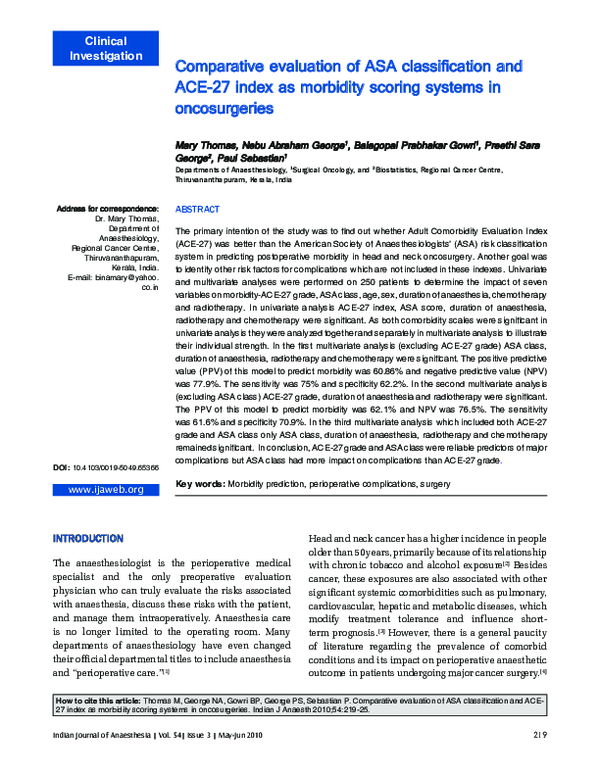 (PDF) Comparative evaluation of ASA classification and ACE-27 index as ...