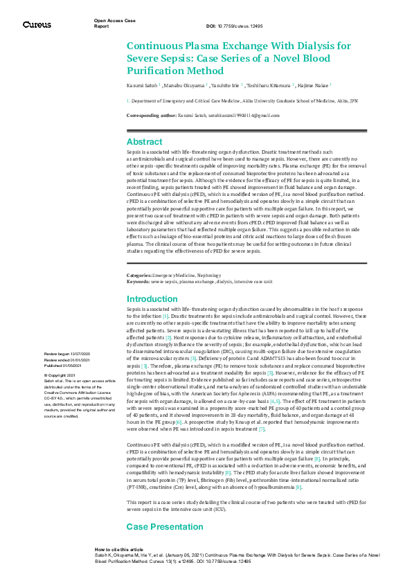 (PDF) Continuous Plasma Exchange With Dialysis for Severe Sepsis: Case ...