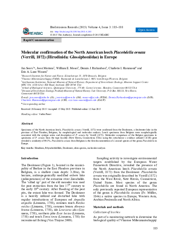 (PDF) Molecular confirmation of the North American Leech Placobdella ...