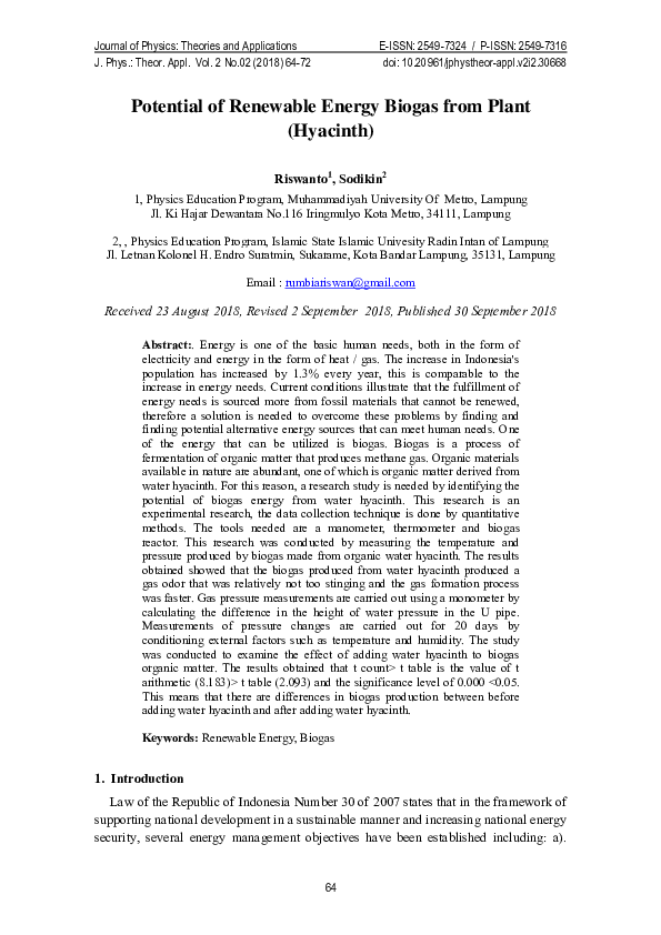 (PDF) Potential of Renewable Energy Biogas from Plant (Hyacinth)