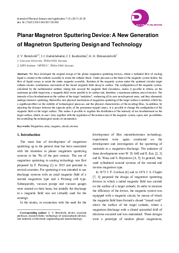 (PDF) Planar Magnetron Sputtering Device: A New Generation of Magnetron ...