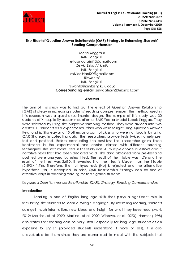 (PDF) The Effect of Question Answer Relationship (QAR) Strategy in ...