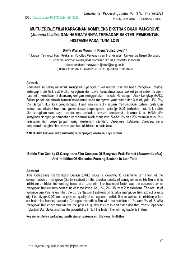 (PDF) Mutu Edible Film Karaginan Kompleks Ekstrak Buah Mangrove (Sonneratia alba) Dan ...